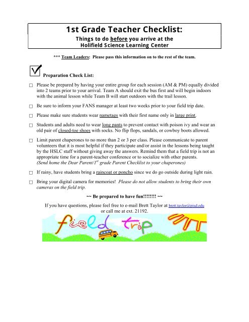 1st Grade Teacher Checklist - K12 - Plano ISD - Plano Independent ...