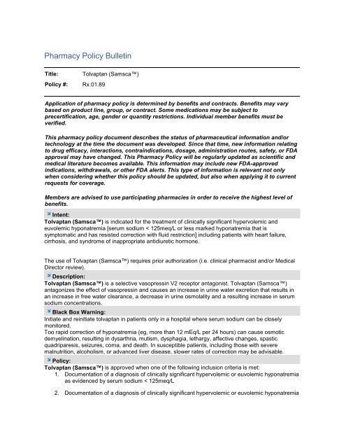 Tolvaptan (Samsca - AmeriHealth.com