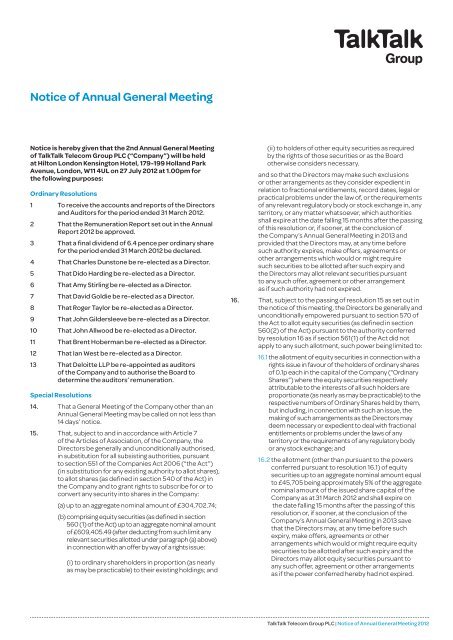 Notice of Annual General Meeting - TalkTalk Telecom Group PLC