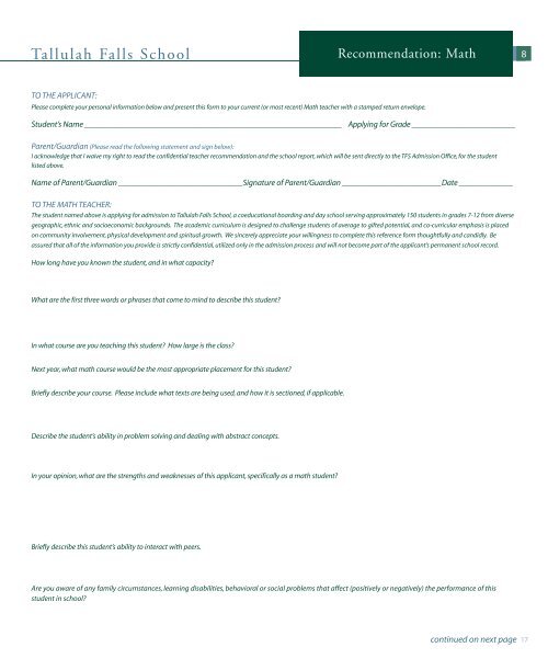 Math Teacher Recommendation Form - Tallulah Falls School