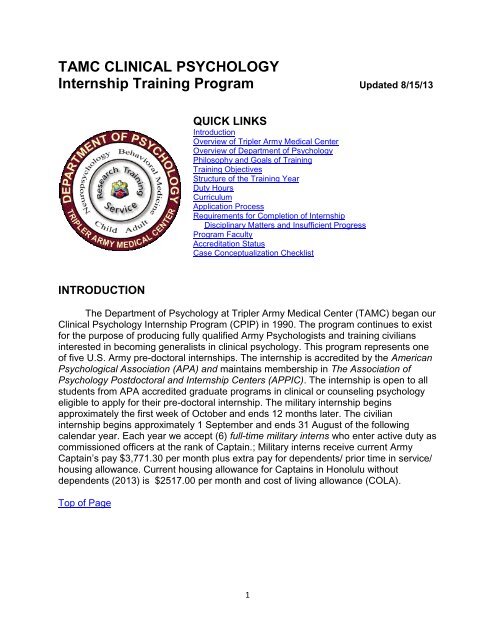 TAMC CLINICAL PSYCHOLOGY Internship Training Program