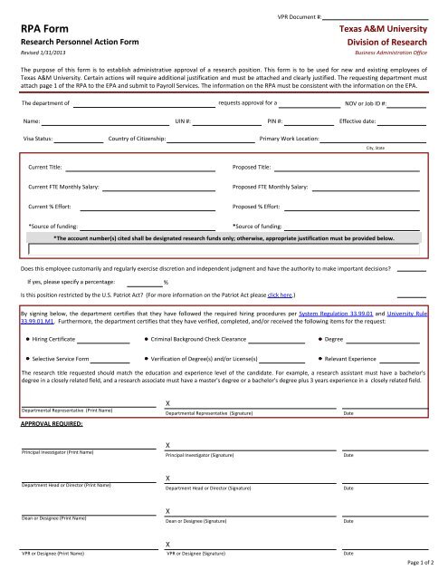 RPA Form - Division of Research - Texas A&M University