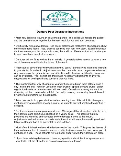 Post-Op Instructions and Care: Dentures - Black Hills Area Dental
