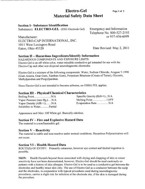 Electro-Gel MSDS Sheet - Bio-Medical Instruments, Inc.