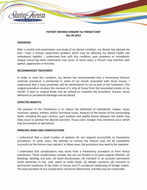 Frenectomy - Consent Form