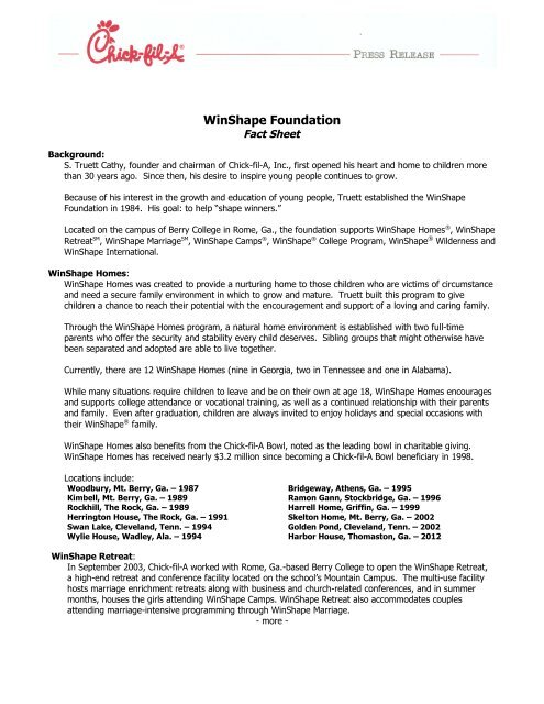 WinShape Foundation Fact Sheet - Chick-fil-A