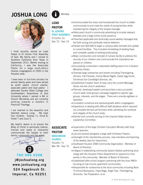 Resume' of Pastor Joshua Long