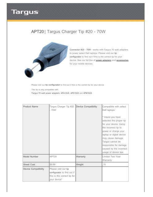 APT20| Targus Charger Tip #20 - 70W