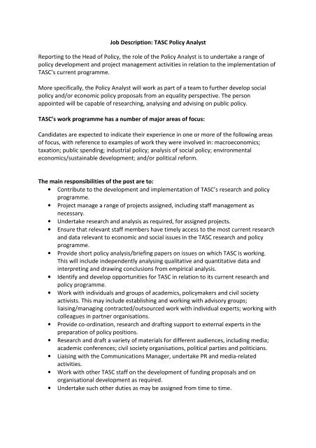 Job Description: TASC Policy Analyst Reporting to the Head of ...