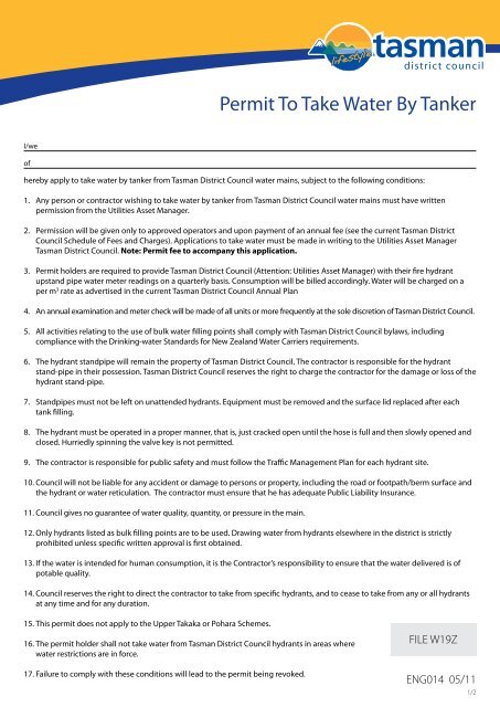 Permit To Take Water By Tanker - Tasman District Council