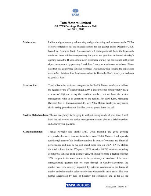 Conference Call Transcript - Q3FY09 - Tata Motors