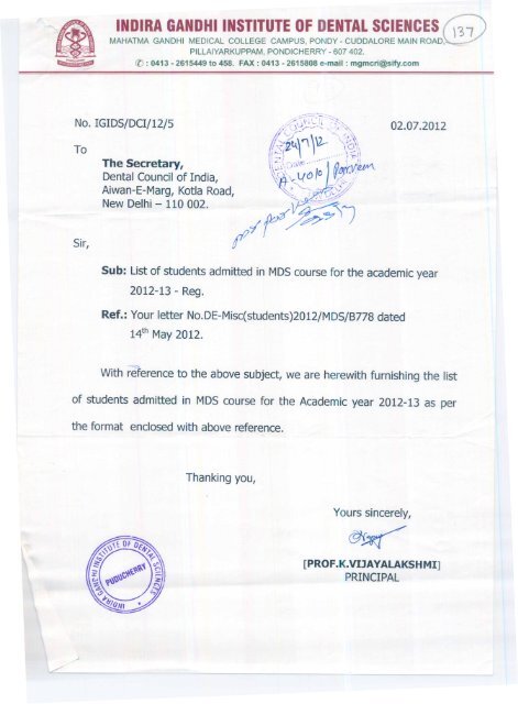 indira gandhi institute of dental sciences - Dental Council of India