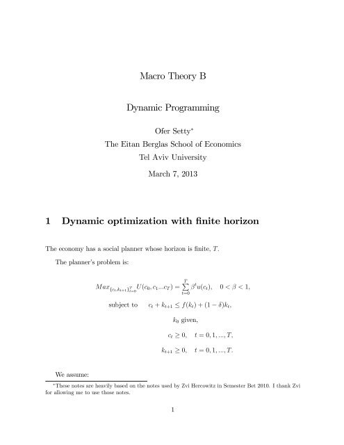 Macro Theory B Dynamic Programming 1 Dynamic Optimization With