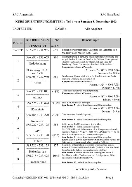Laufzettel - SAC Sektion Baselland