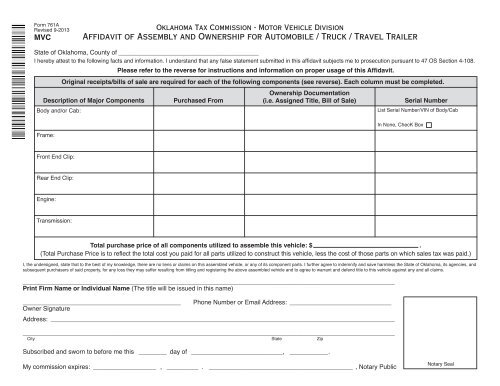 Affidavit of Assembly and Ownership for Automobile / Truck / Travel ...