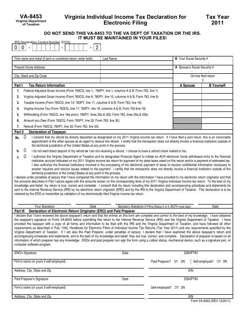 VA-8453 Virginia Individual Income Tax Declaration for Electronic ...
