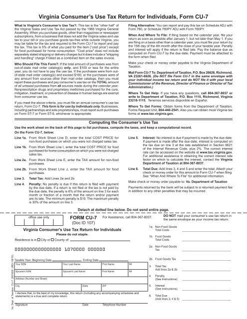 Virginia Consumer's Use Tax Return for Individuals, Form CU-7