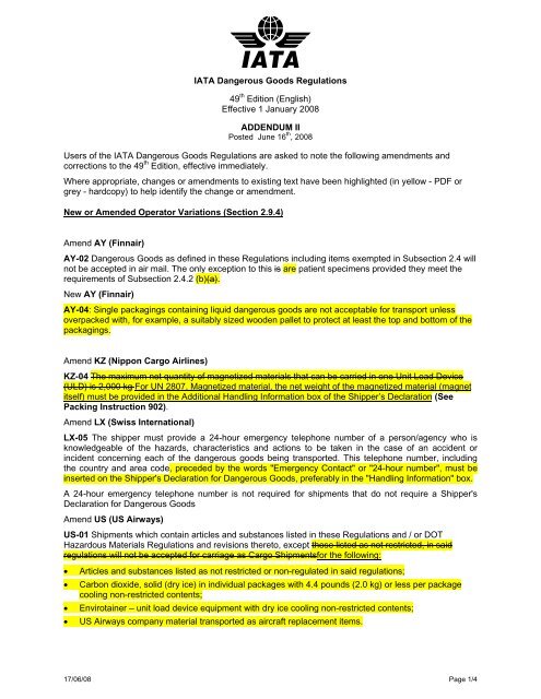 IATA Dangerous Goods Regulations 49th Edition (English) Effective ...