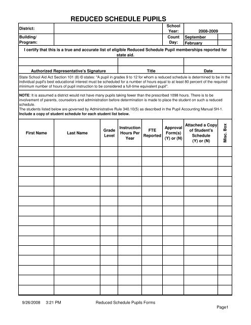 Copy of Reduced Schedule Pupils Form