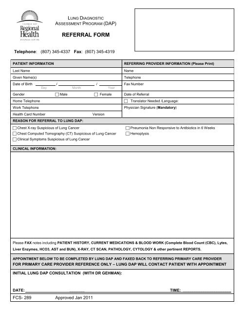 Lung DAP Referral Form - Thunder Bay Regional Health Sciences ...