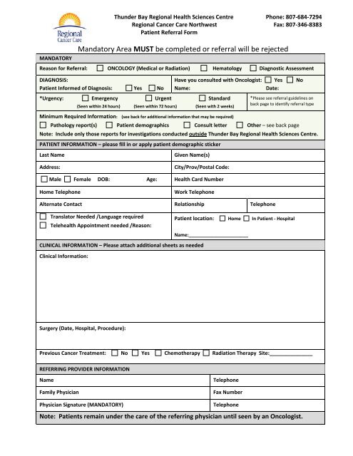 Referral Form - Thunder Bay Regional Health Sciences Centre