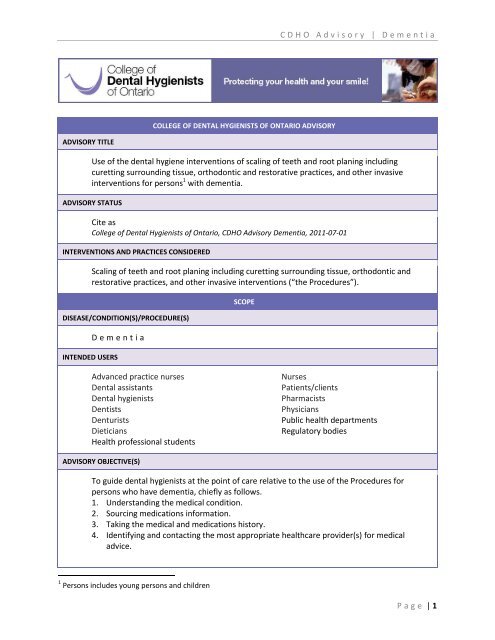 CDHO Advisory Dementia - College Of Dental Hygienists of Ontario