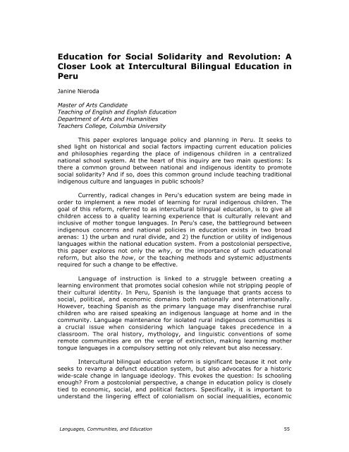 Education for Social Solidarity and Revolution - Teachers College ...