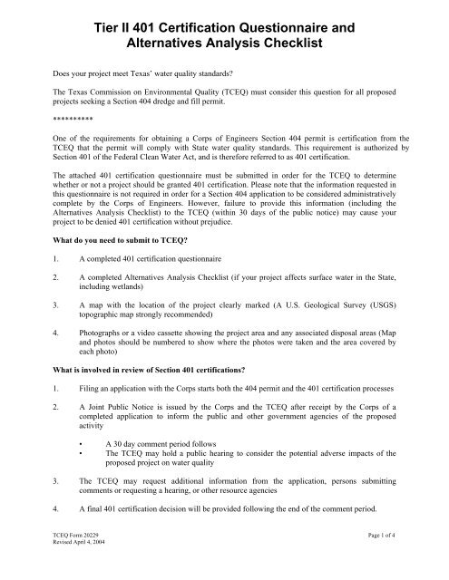 Tier II 401 Certification Questionnaire and ... - TCEQ e-Services