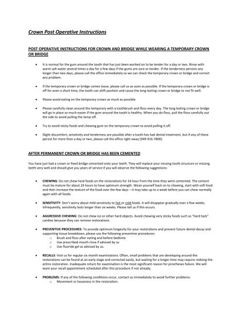 Crown Post Operative Instructions - Aliso Smiles