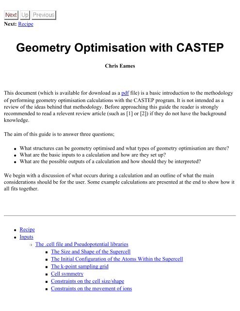 Geometry Optimisation with CASTEP