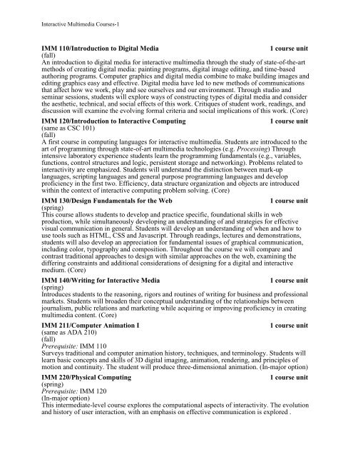 IMM 110/Introduction to Digital Media 1 course unit (fall) An ...
