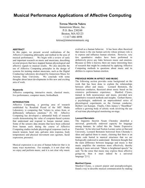 Musical Performance Applications of Affective Computing