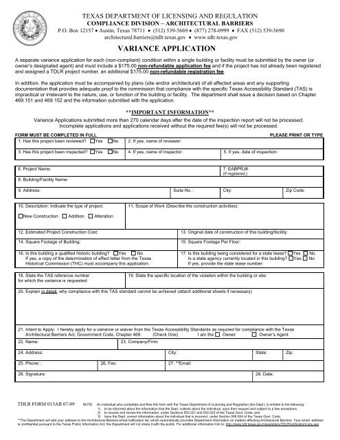 Variance Application - Texas Department of Licensing and Regulation