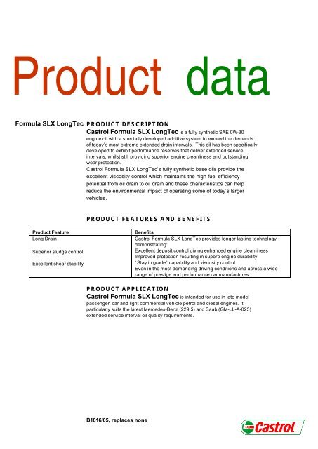 Formula SLX LongTec - Castrol TDS