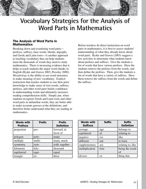 Vocabulary Strategies for the Analysis of Word Parts in Mathematics