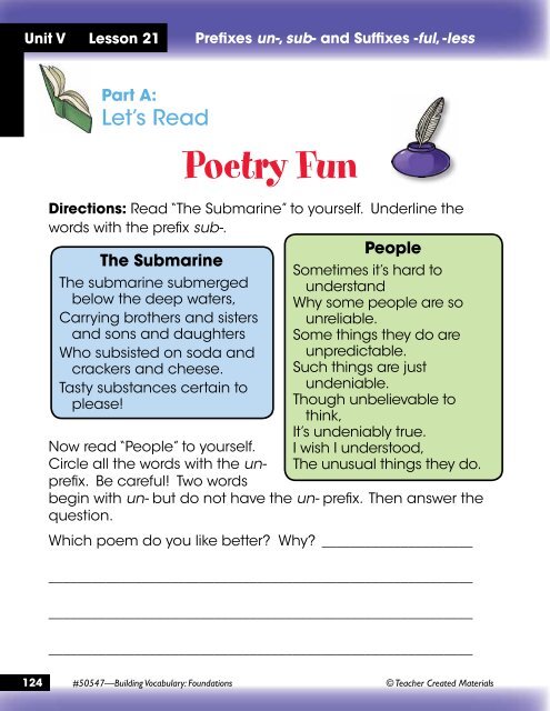 Prefixes un-, sub- and Suffixes -ful, -less - Teacher Created Materials