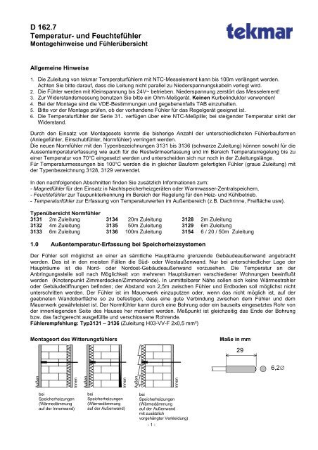 D 162.7 Temperatur- und Feuchtefühler - Tekmar