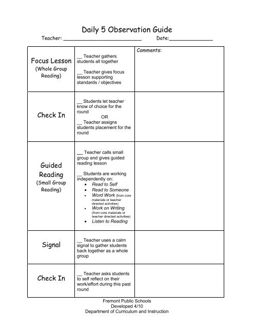 Daily 5 Observation Guide - K-5 Literacy Connections