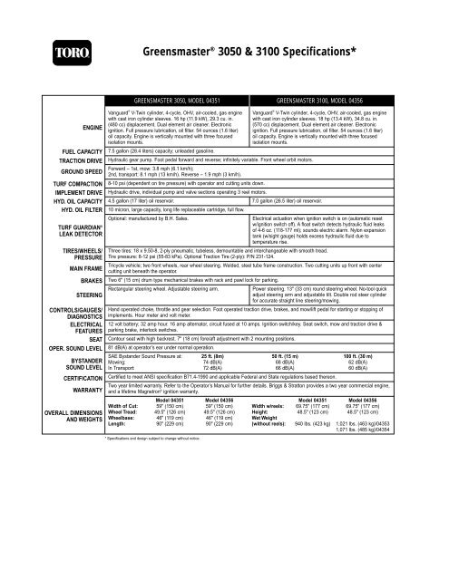 Greensmaster® 3050 & 3100 Specifications* - Toro