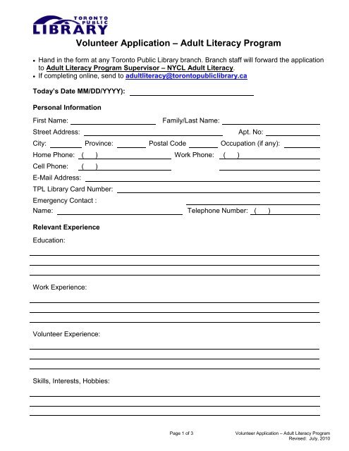 Volunteer Application Form (PDF Version) - Toronto Public Library