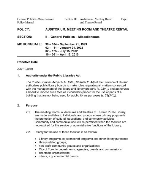 POLICY: AUDITORIUM, MEETING ROOM AND THEATRE RENTAL ...