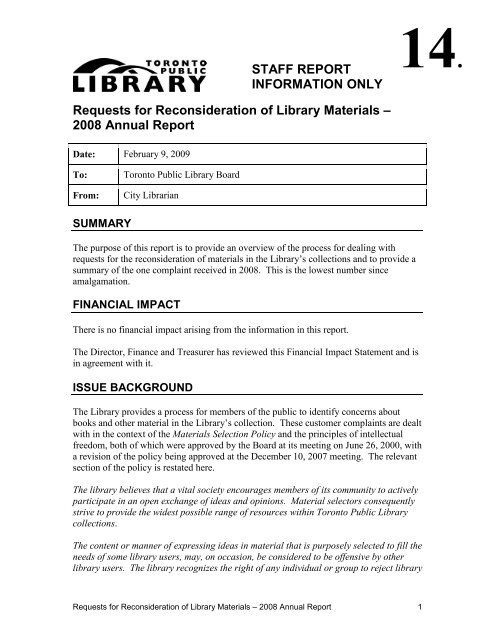 Requests for Reconsideration of Library Materials - Toronto Public ...