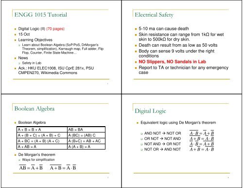 ENGG 1015 Tutorial Electrical Safety Boolean Algebra Digital Logic