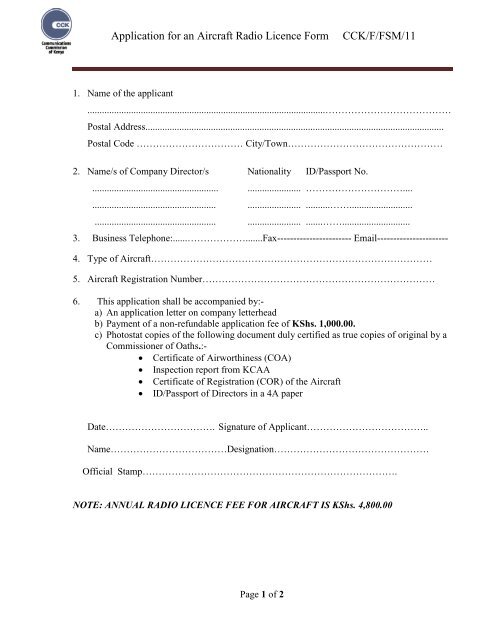 APPLICATION FOR AN AIRCRAFT RADIO LICENCE RF14