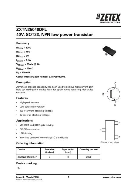ZXTN25040DFL 40V, SOT23, NPN low power transistor - Octopart