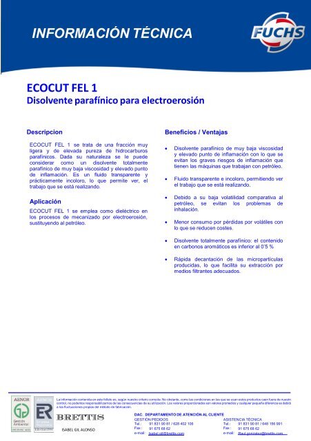 Fuchs ECOCUT FEL1, aceite dielectrico especifico para electroerosion