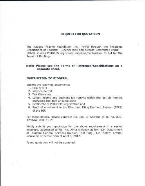REQUEST FOR QUOTATION The Nayong Pilipino Foundation Inc ...