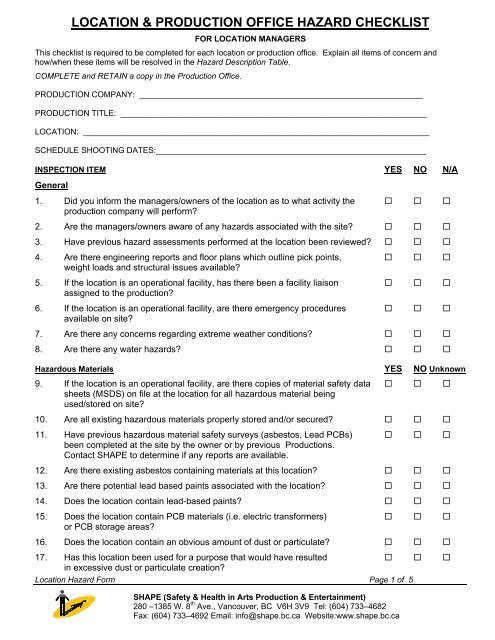 LOCATION HAZARD CHECKLIST - Actsafe