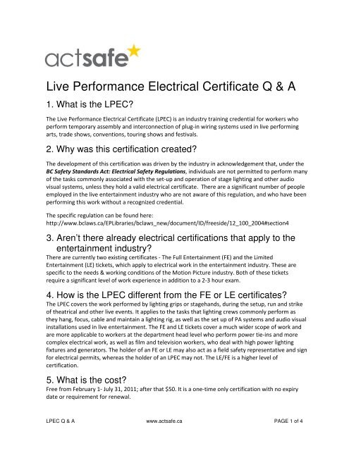 Live Performance Electrical Certificate Q & A - Actsafe
