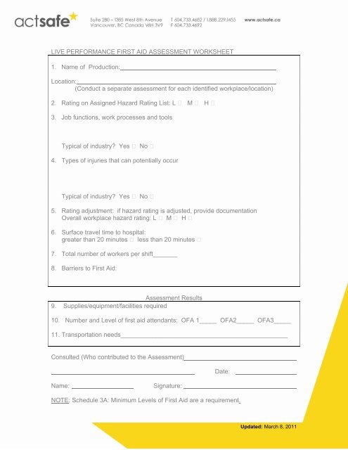 LIVE PERFORMANCE FIRST AID ASSESSMENT ... - Actsafe